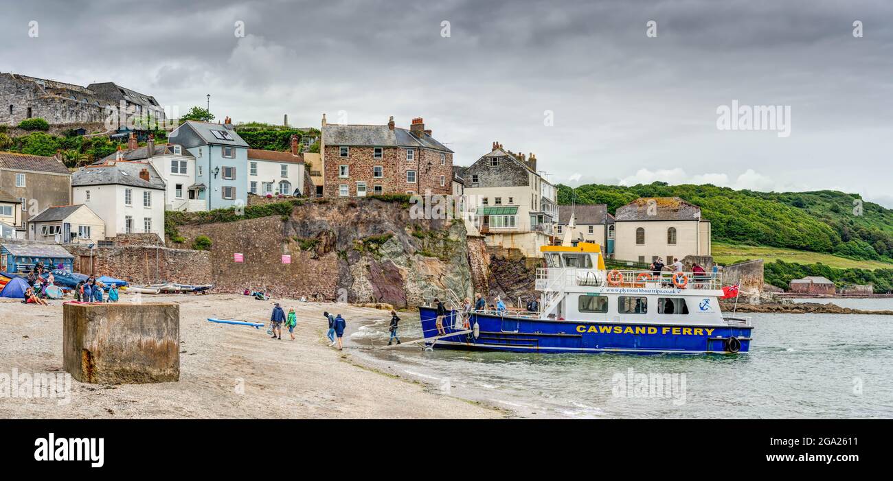 A wide panoramic taken across Cawsand Beach, Cornwall, including ...