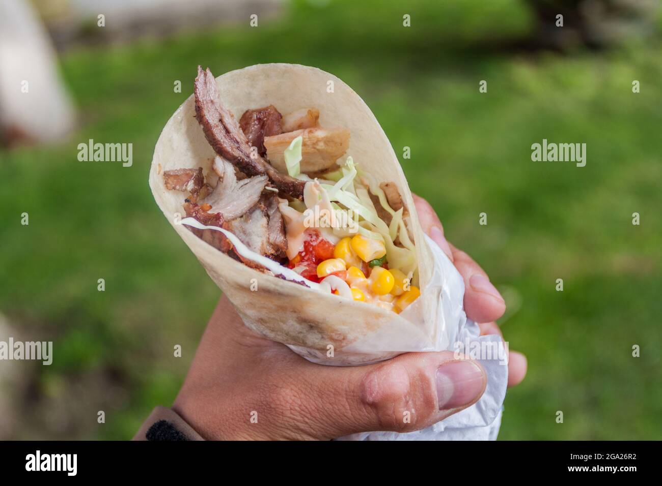 Human hand holding a kebab. Bolivian version in Potosi city Stock Photo ...