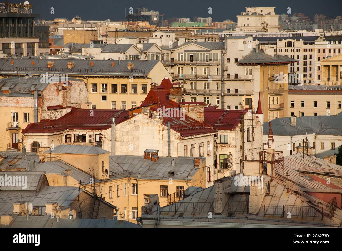 Yellow houses and roofs. Birds-eye view the center of Moscow at sunset ...