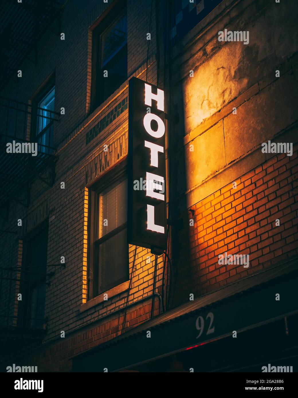 Hotel neon sign at night, in the Lower East Side, Manhattan, New York ...