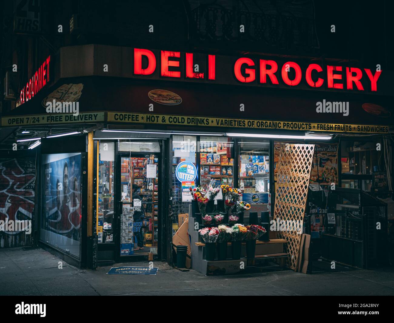 Deli sign at night, in the Lower East Side, Manhattan, New York City ...