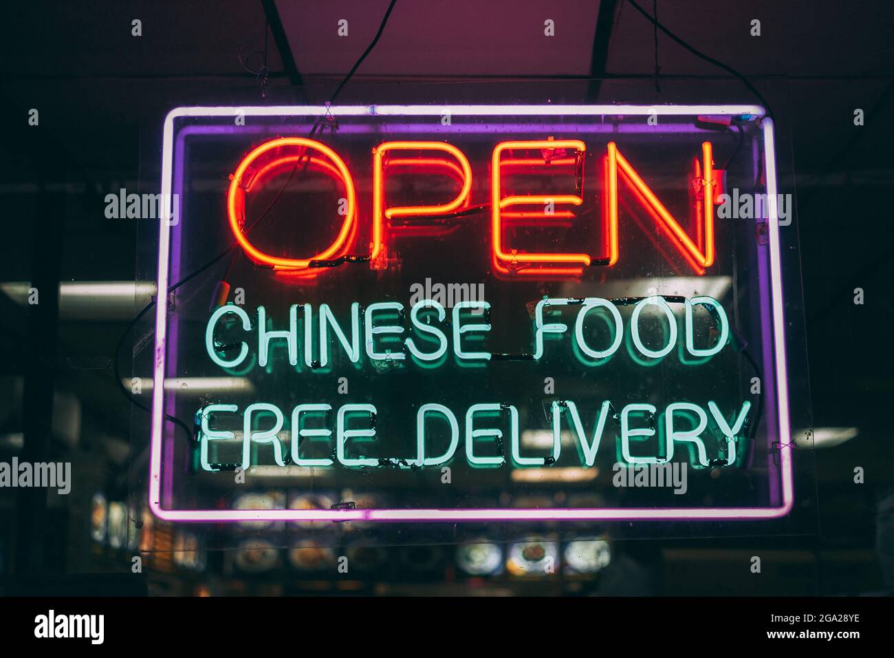 Chinese food neon sign, in Chinatown, Manhattan, New York City Stock ...