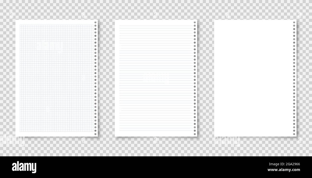 Realistic blank lined paper sheets in A4 format on transparent ...