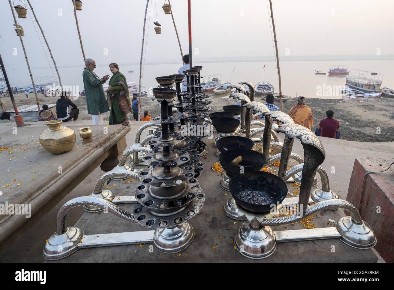 Lamps for Arti Ceremony on the bank of the Ganges River; Varanasi ...