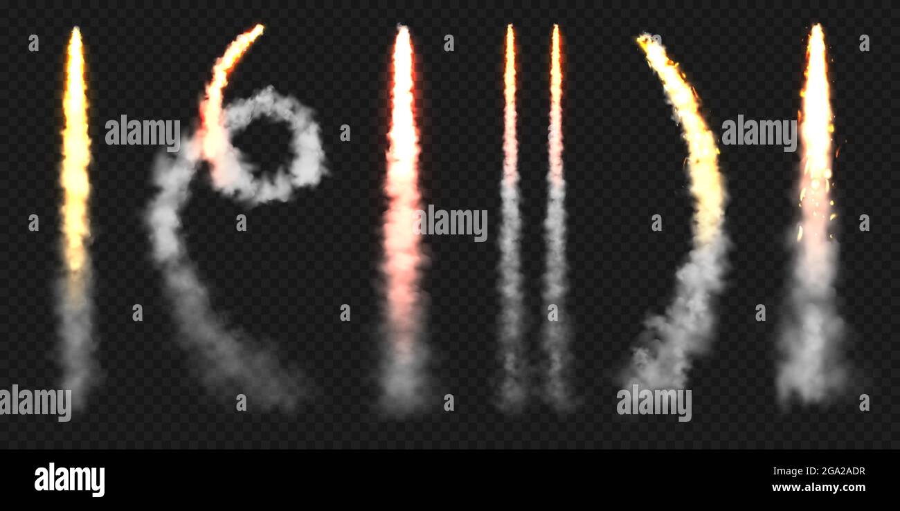 Realistic space rocket launch trails. Fire burst, explosion. Missile or ...