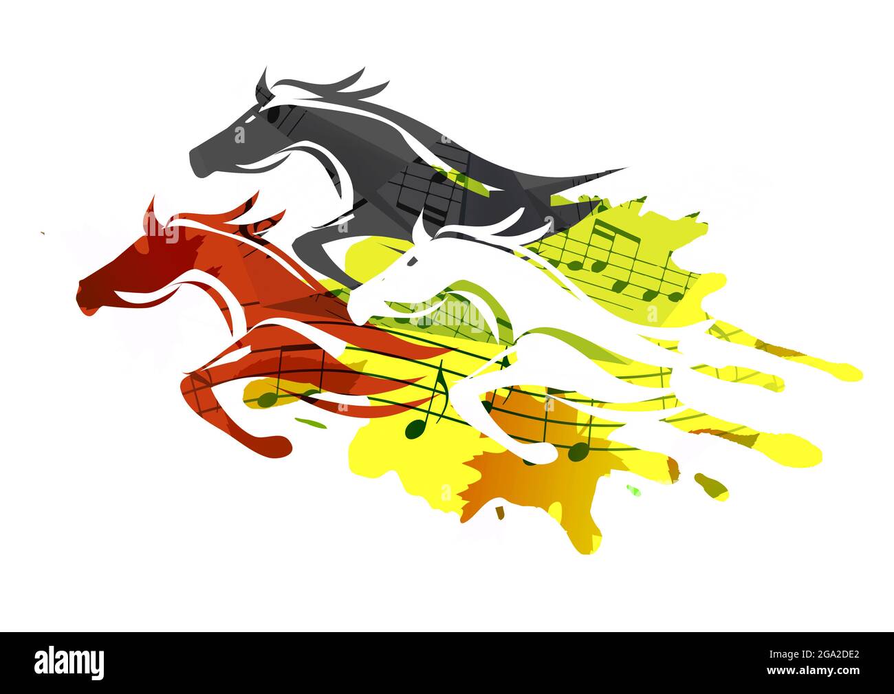 Musical motive with Running Horses. Expressive colorful illustration of ...