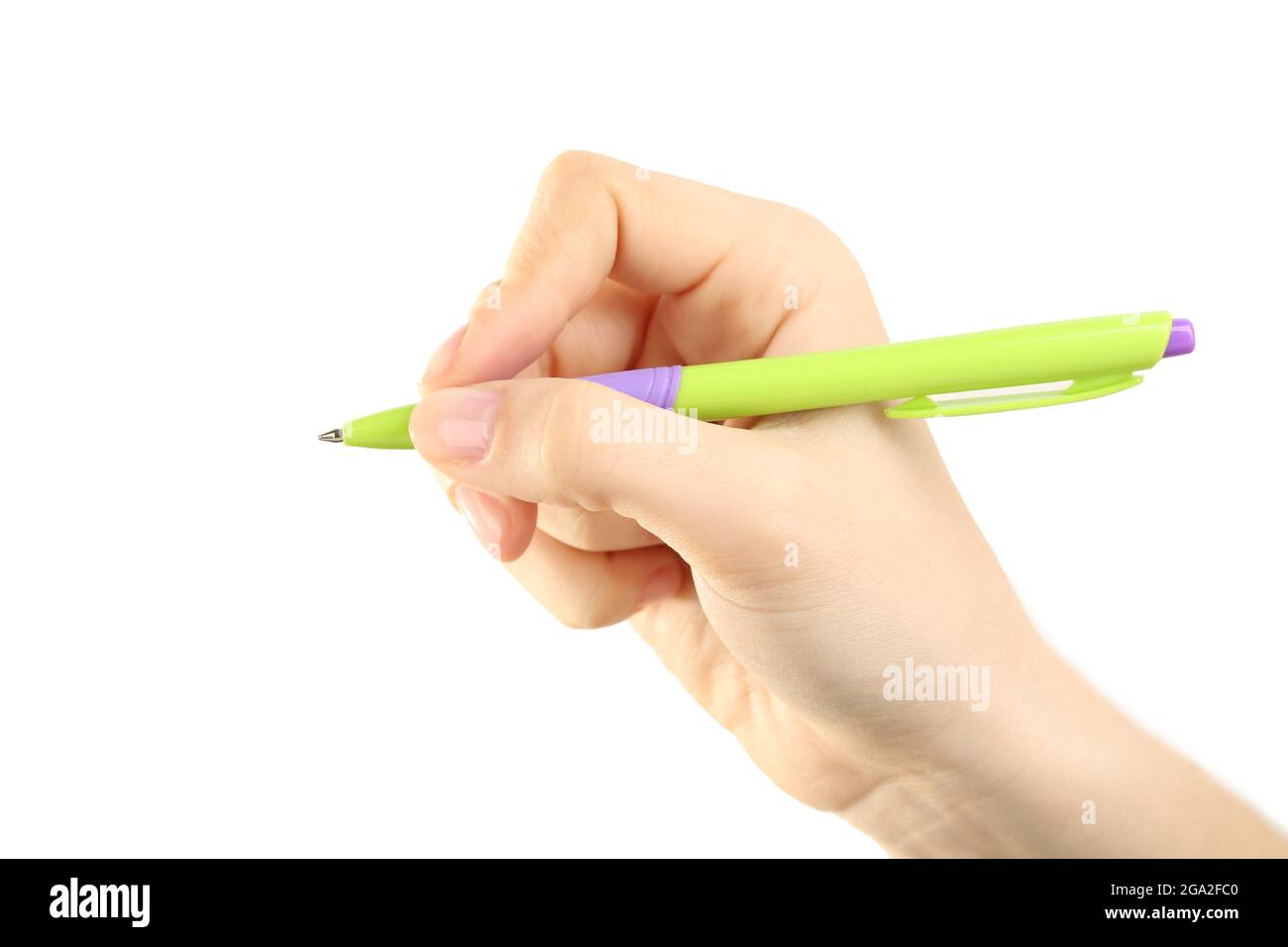 Female hand with pen isolated on white Stock Photo - Alamy