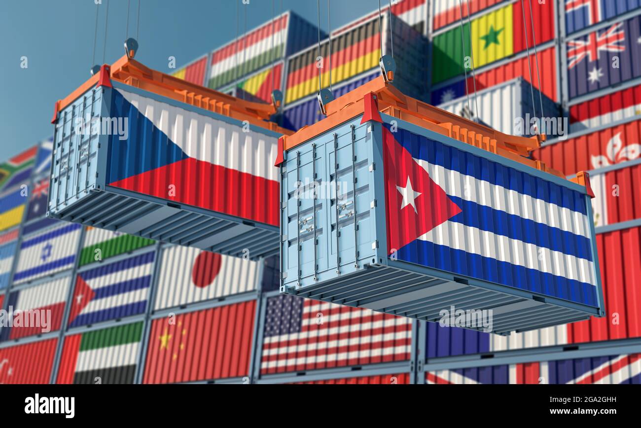 Freight containers with Cuba and Czech Republic flag. 3D Rendering ...