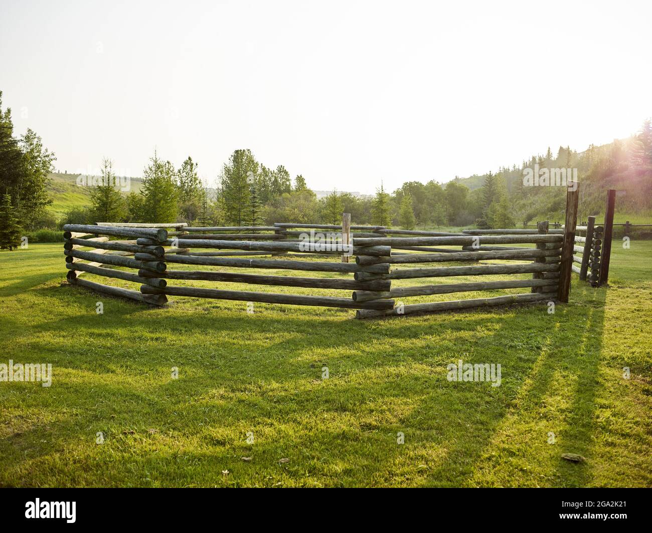 Empty paddock with a split rail fence on a grassy field surrounded by ...
