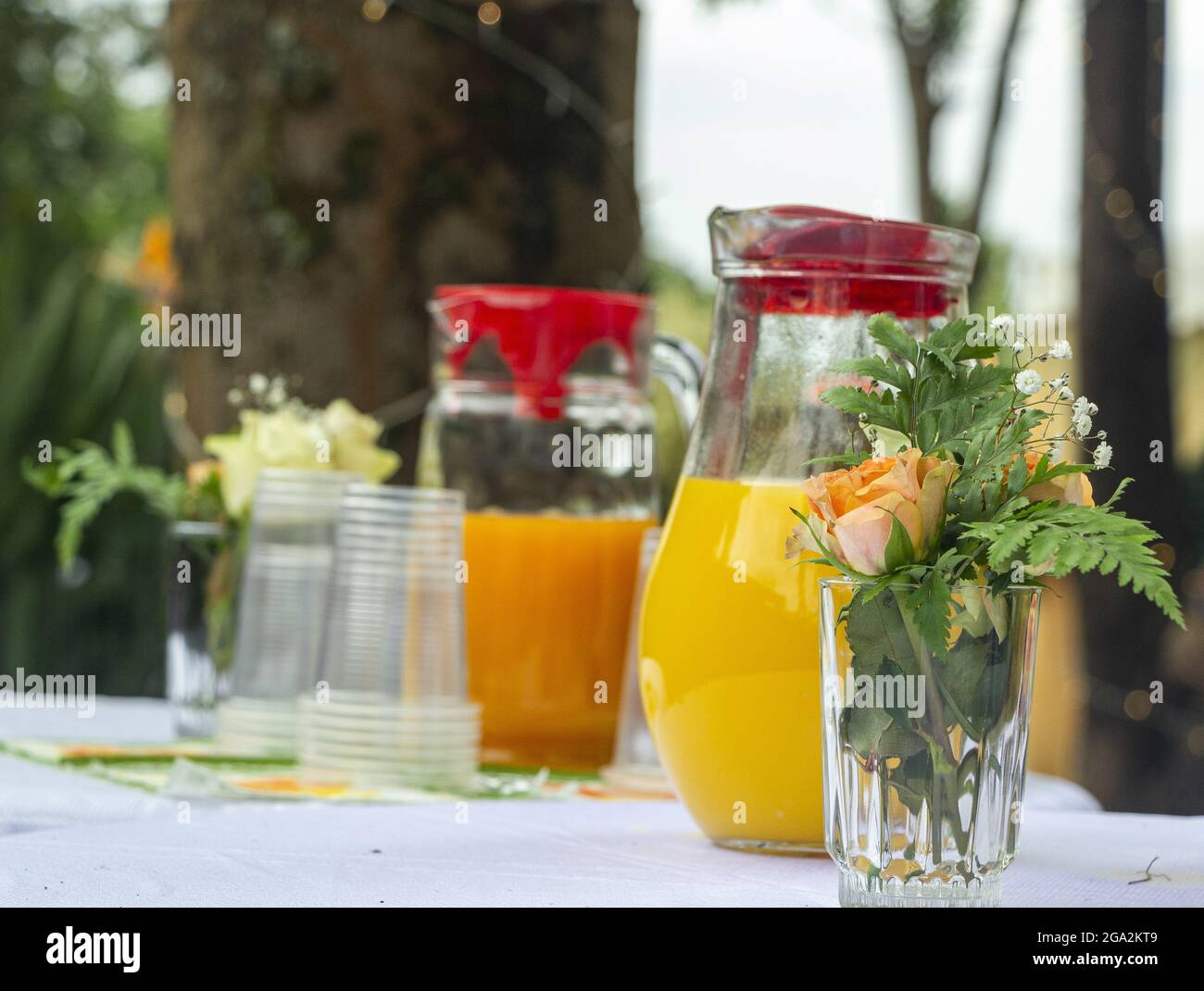 Decorative table with glass jugs of juice Stock Photo - Alamy