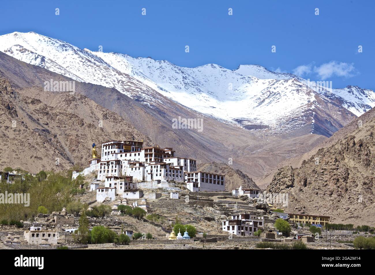 Likir Monastery with its giant gold plated statue of a seated Buddha ...