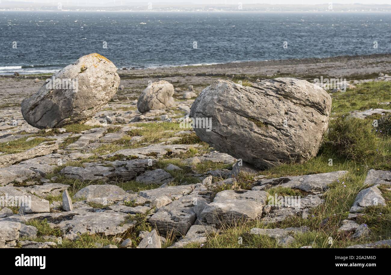 Ancient, erratics deposited by glaciers in the Burren; County Clare ...