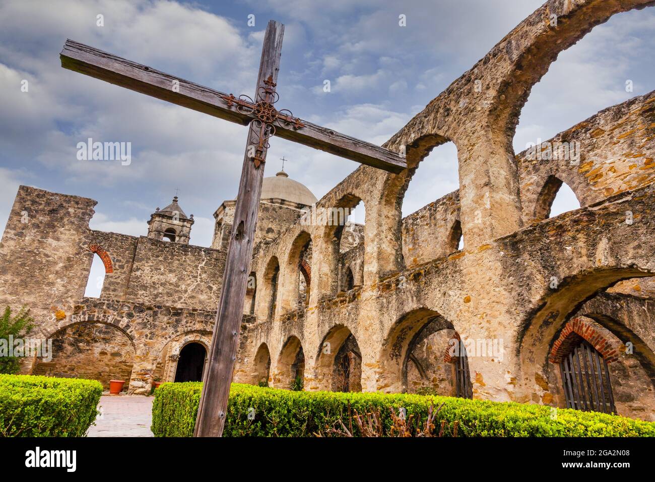 Old wooden cross and remains of the historical Franciscan, Mission ...
