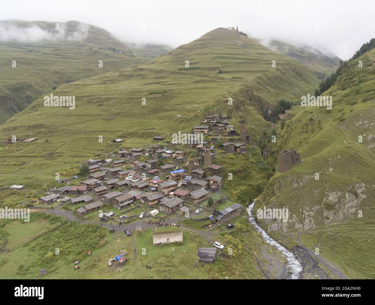 Aerial view of the mountainside village of Dartlo and its ruins of ...