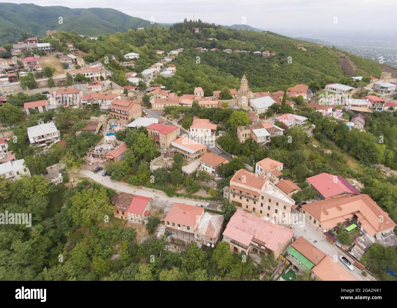 Aerial view of the historic mountainside town of Signagi with its red ...