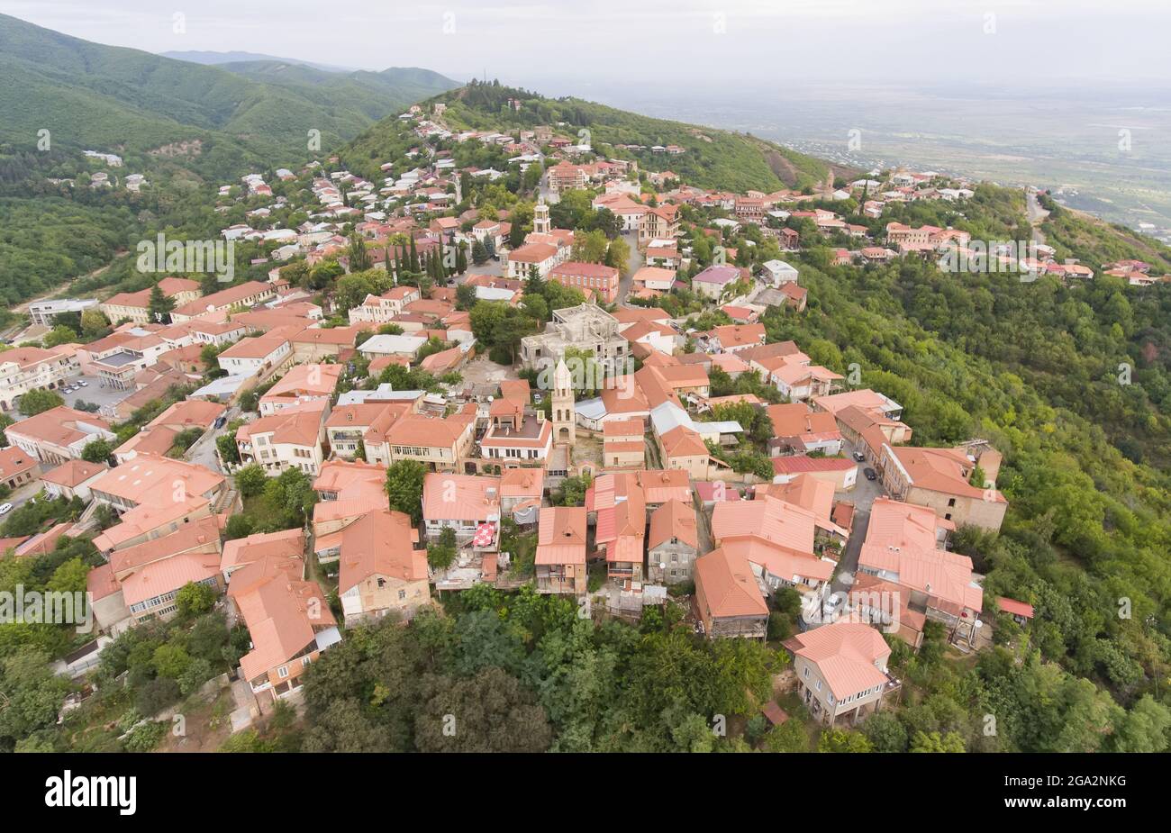 Aerial view of the historic mountainside town of Signagi with its red ...