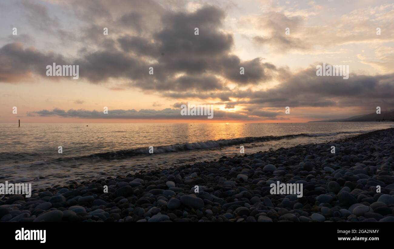 Amazing beach sunset over Black Sea. Lazarevskoye, Sochi, Russia Stock ...
