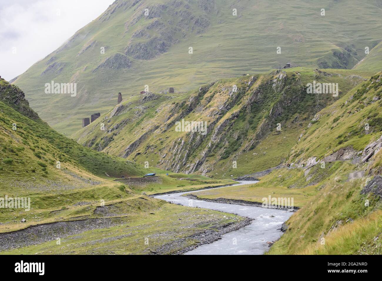 Pirikita Alazani River runs through a valley in the Tusheti National ...