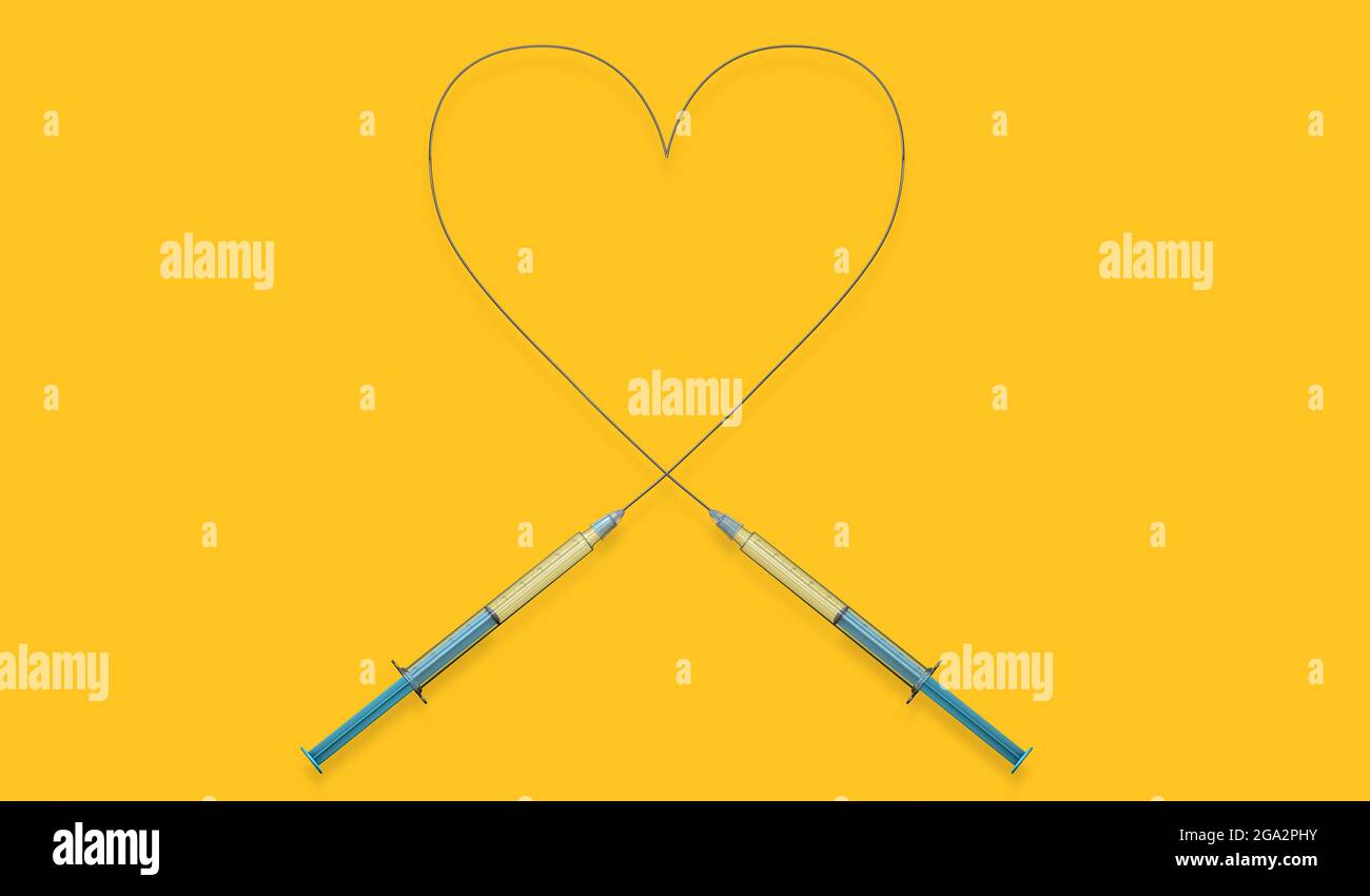 Injection needles from two syringes form the shape of a heart - 3d ...