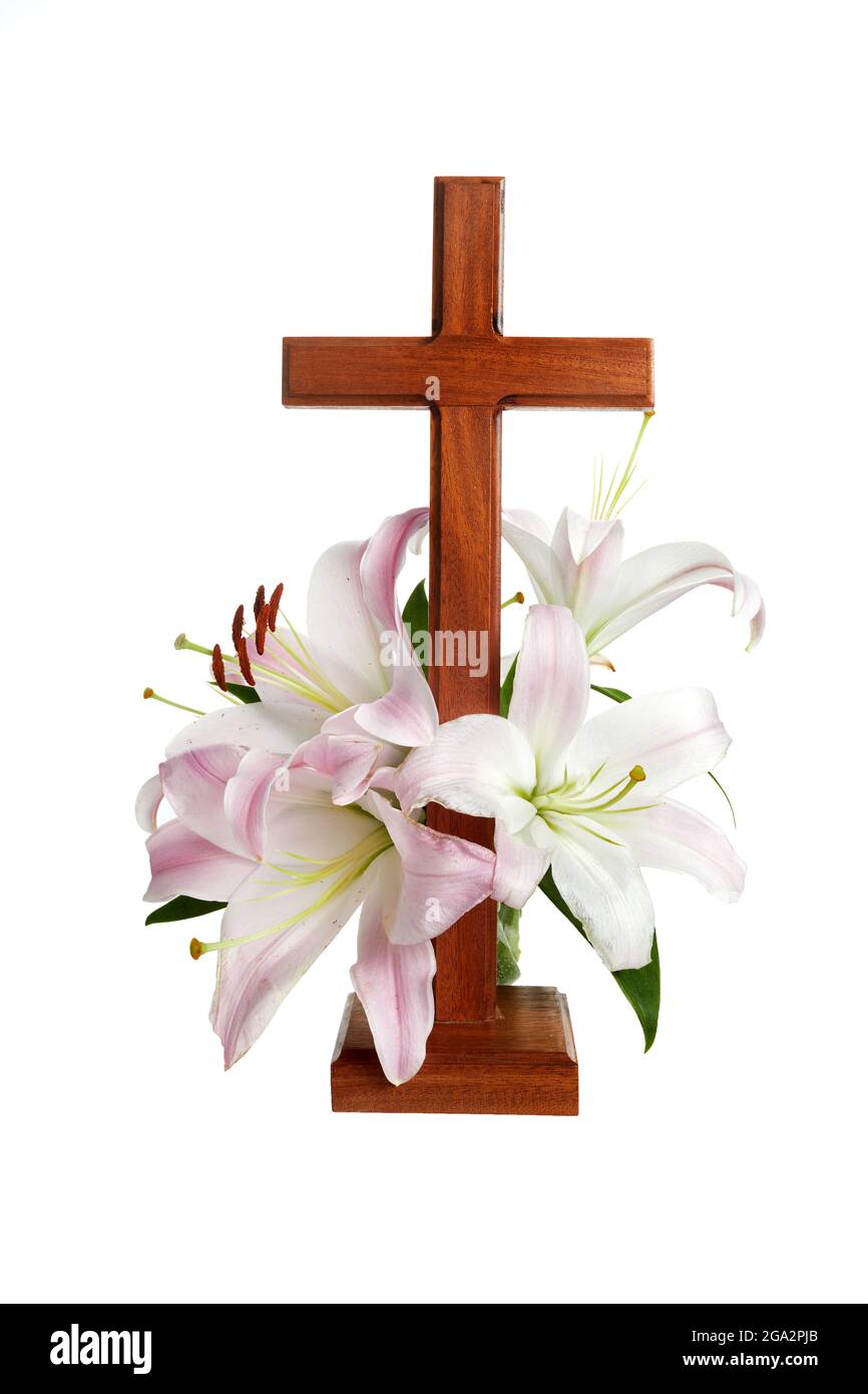 Cross with lilies isolated on white background. Spring background ...