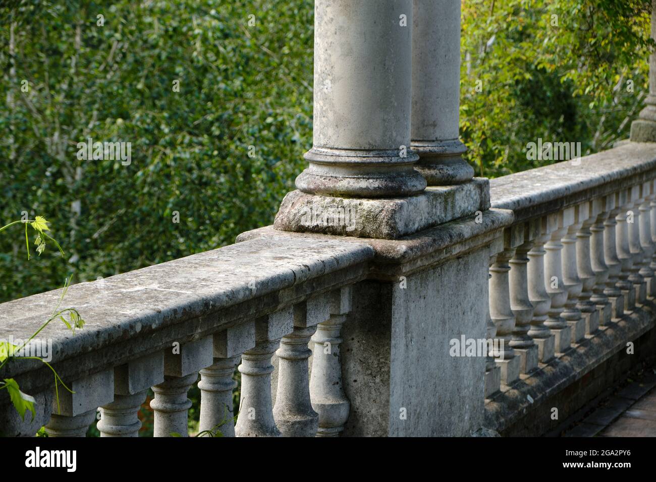 Italian style Palladian balustrade in a formal garden. Trees in the ...