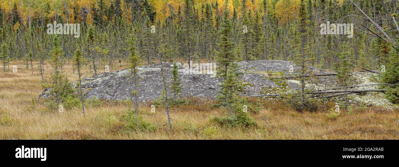 Rocky landform in the wilderness with autumn colours in the forest ...