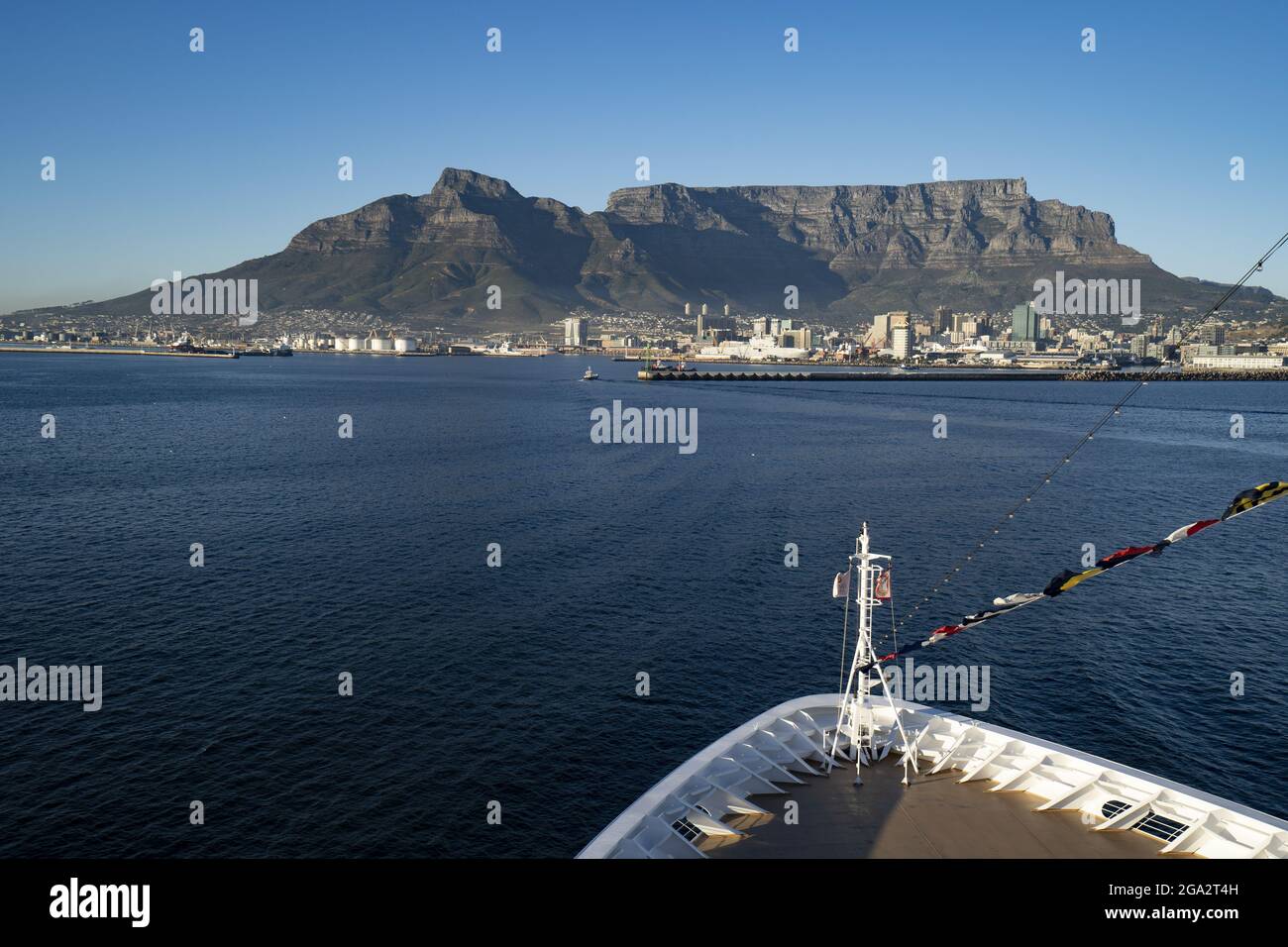 Close-up of the bow of a ship in Table Bay looking towards the Port of ...