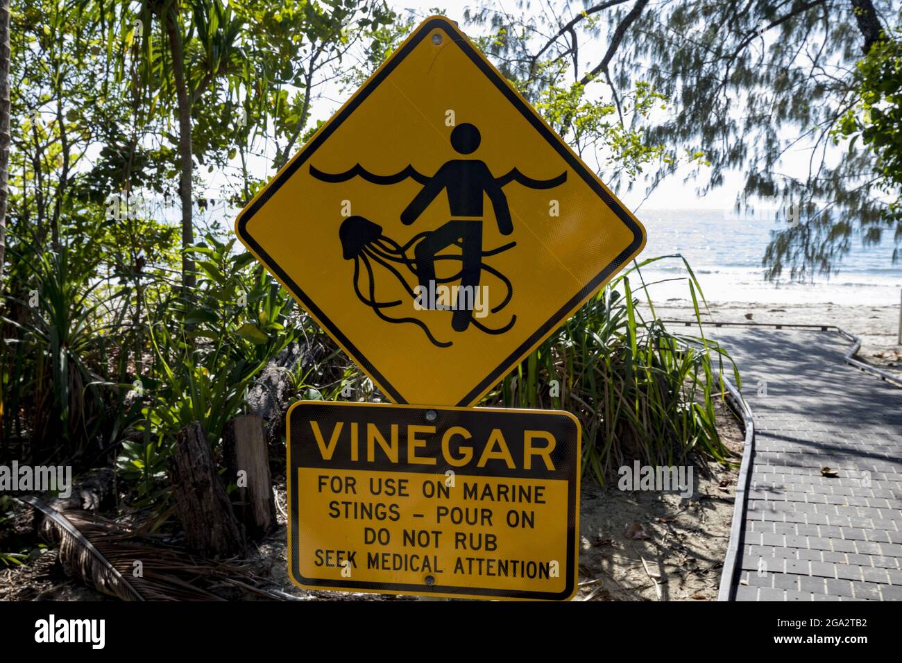 Jellyfish warning sign on the Coral Sea coast of the Daintree ...