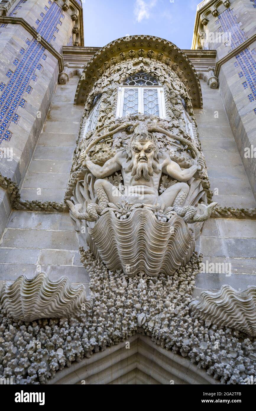 Close-up of the stonework of Triton Arch with a mythical, merman ...