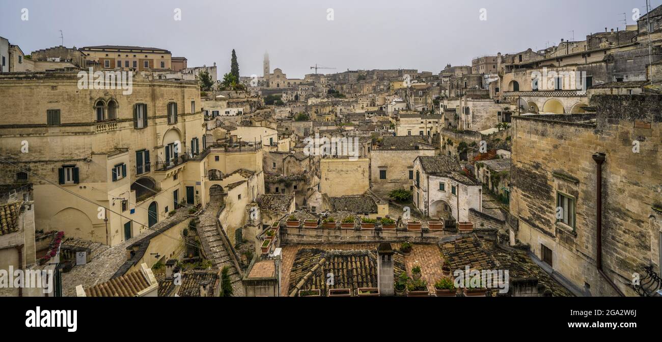 Cityscape panorama of the ancient cave dwellings of the Sassi di Matera ...
