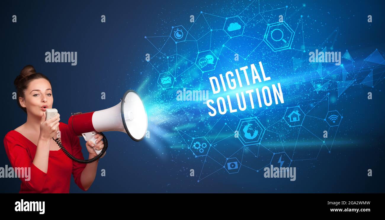 Young woman shouting in megaphone, technology announcement concept ...
