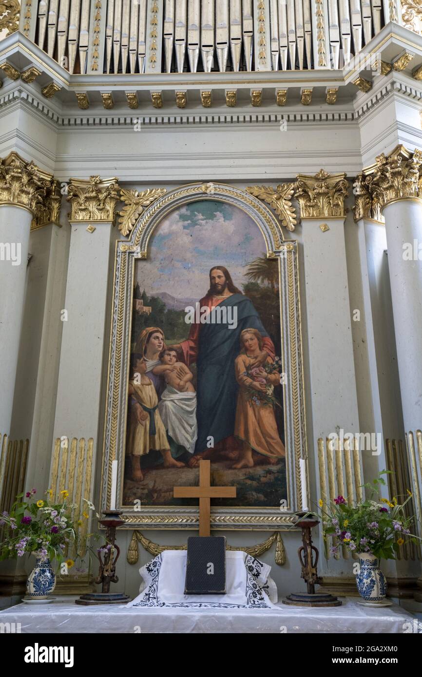 Interior of the Viscri Fortified Saxon Church, showing the altar with a ...