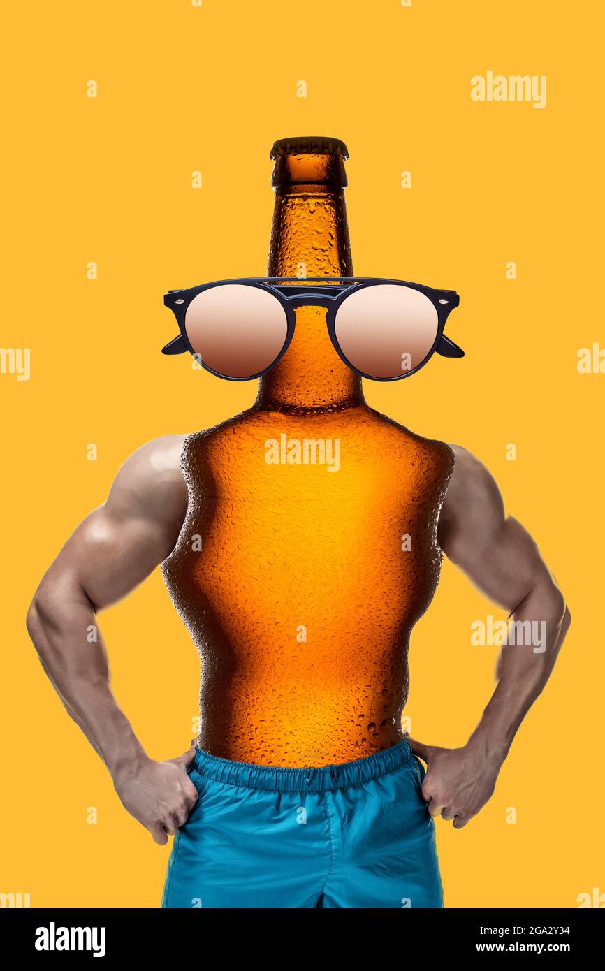 Modern collage. Concept man with bottle beer body and head, muscular ...