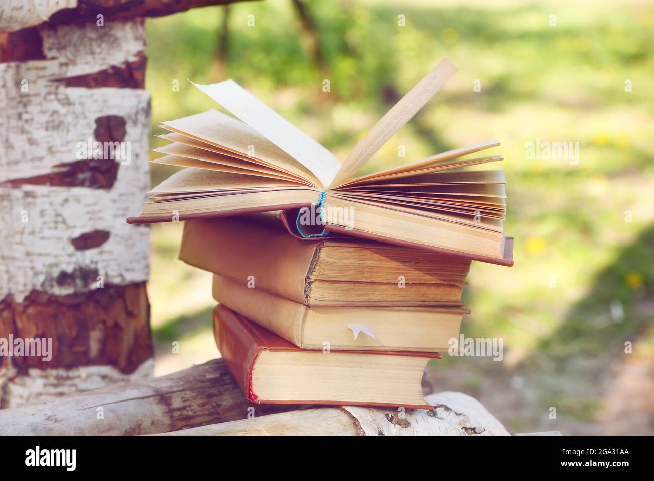 Stack of books on bench, outdoors Stock Photo - Alamy