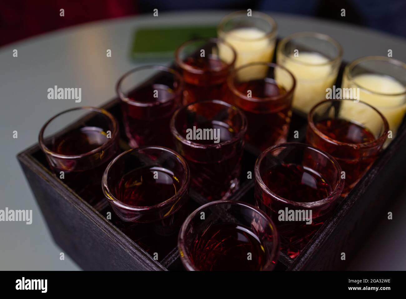 Assortment various hard and strong alcoholic drinks in different ...