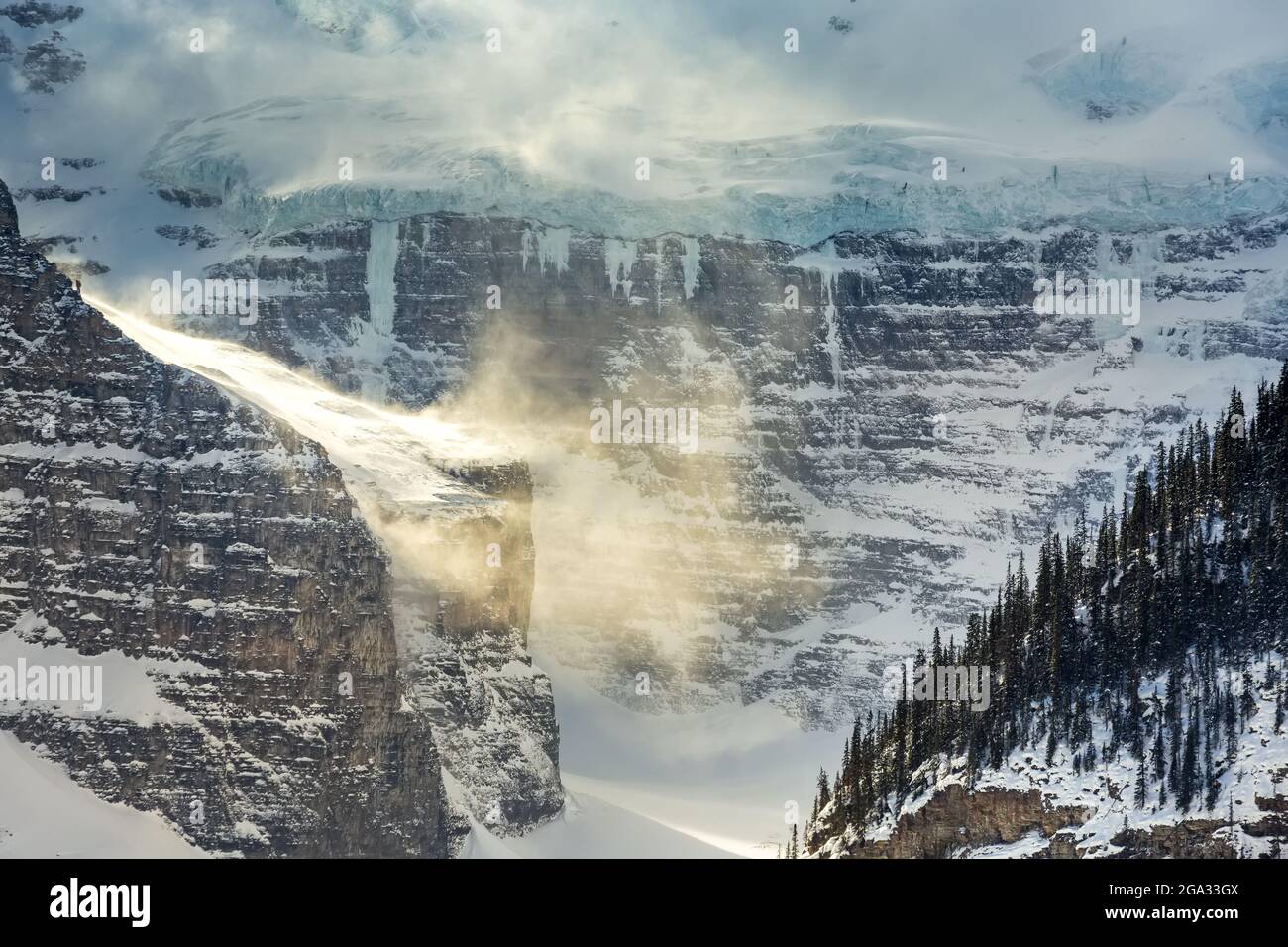 Close up of glacier on mountain face of Mount Victoria with blowing ...