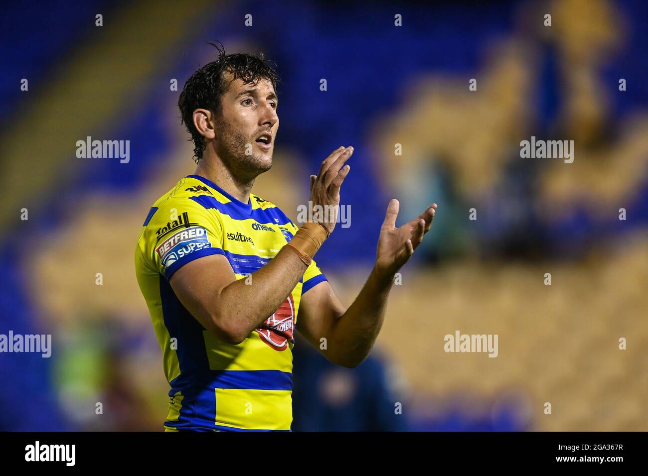 Stefan Ratchford (1) of Warrington Wolves celebrates with the fans ...