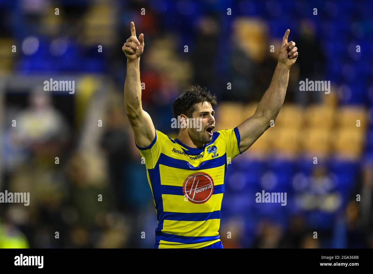 Jake Mamo (18) of Warrington Wolves celebrates at the final whistle ...
