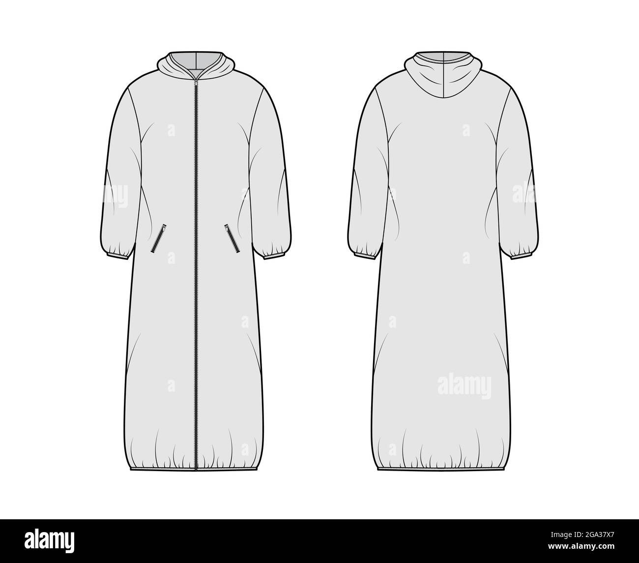 Hooded padded shell coat jacket puffer technical fashion illustration ...