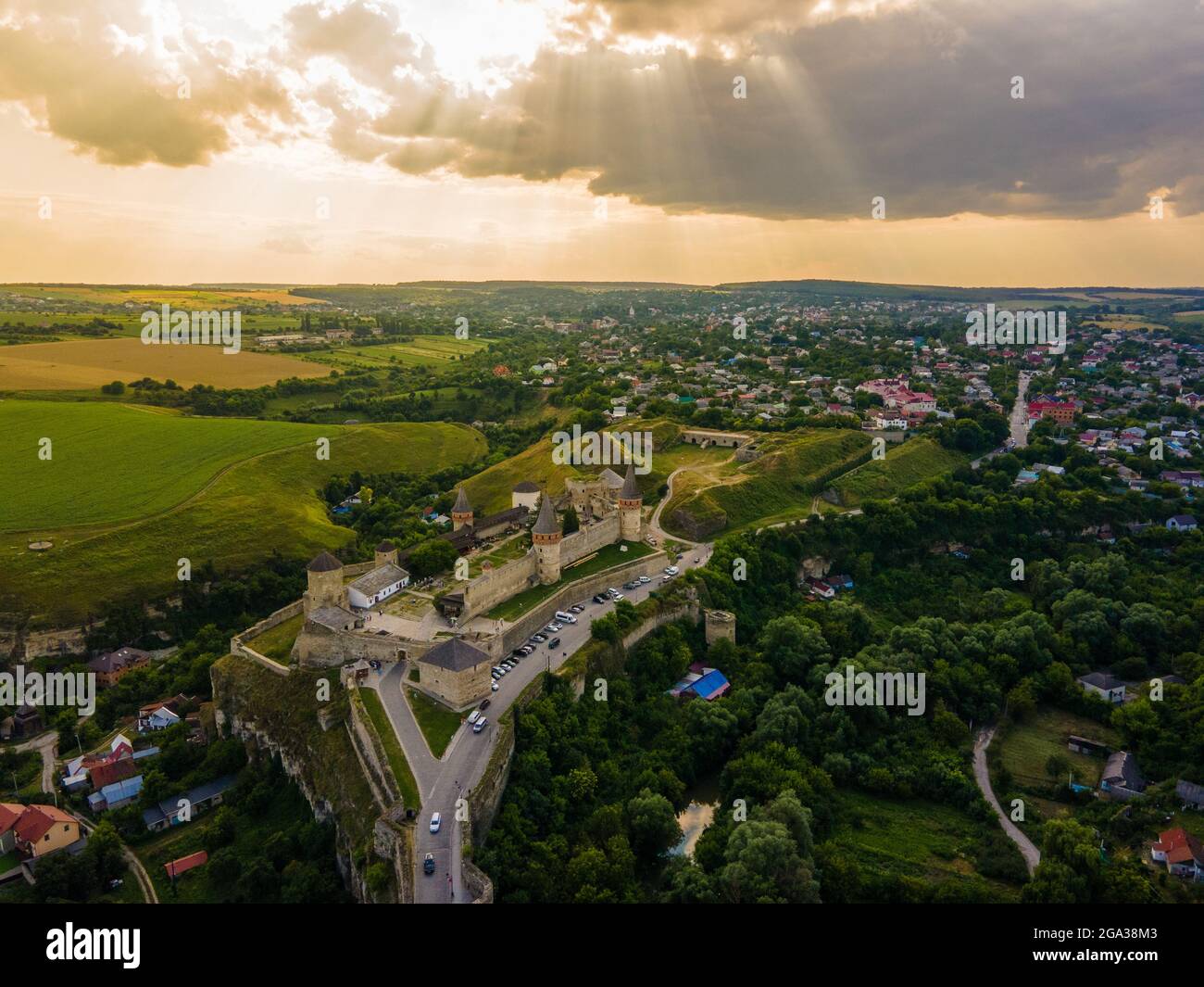 Aerial drone view of a medieval castle among the hills in summer ...
