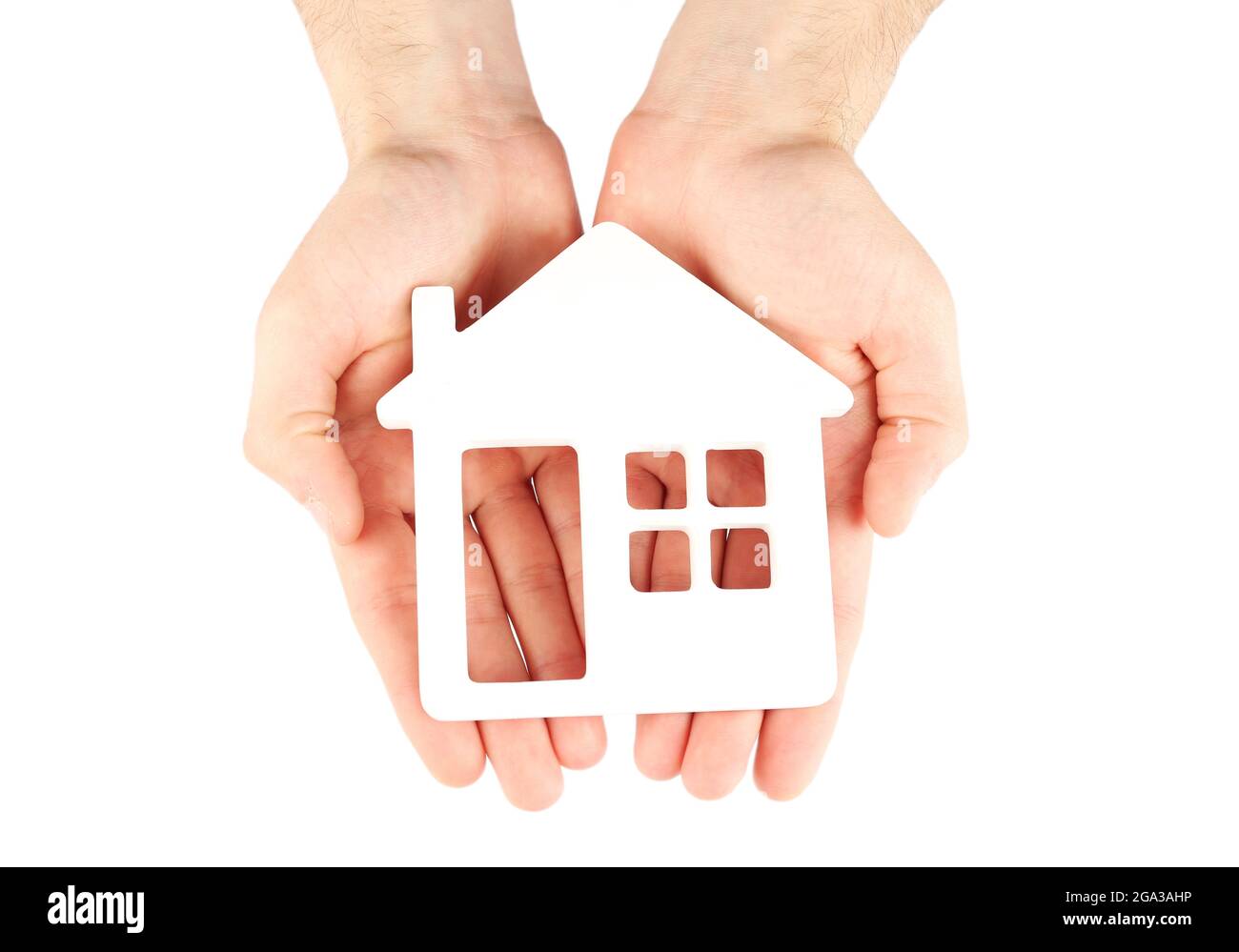 Female hands holding house isolated on white Stock Photo - Alamy