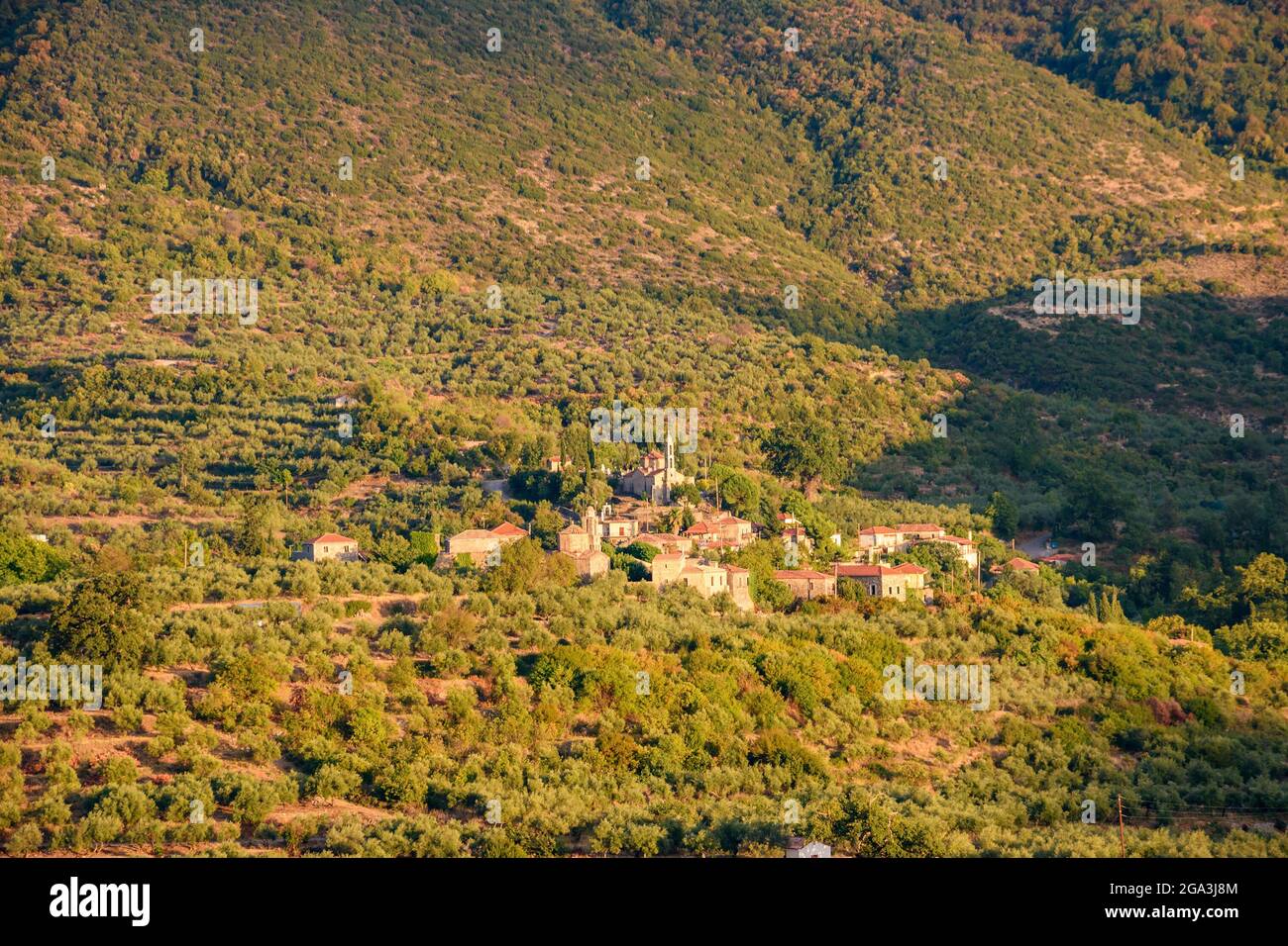 Old traditional stoned buildings and houses located near Kentro Avia ...