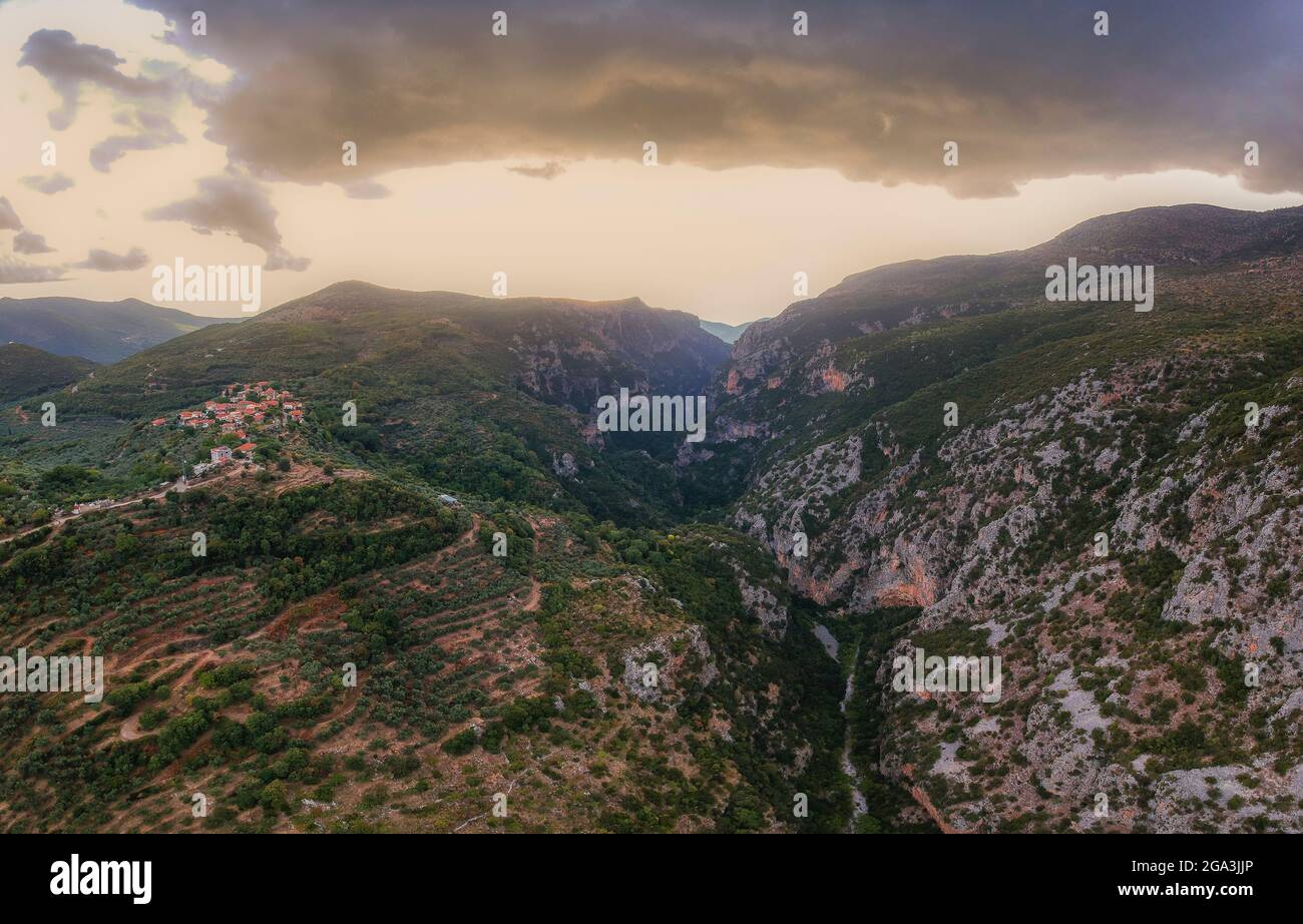 Aerial scenic view from over the famous Ridomo gorge in Taygetus ...