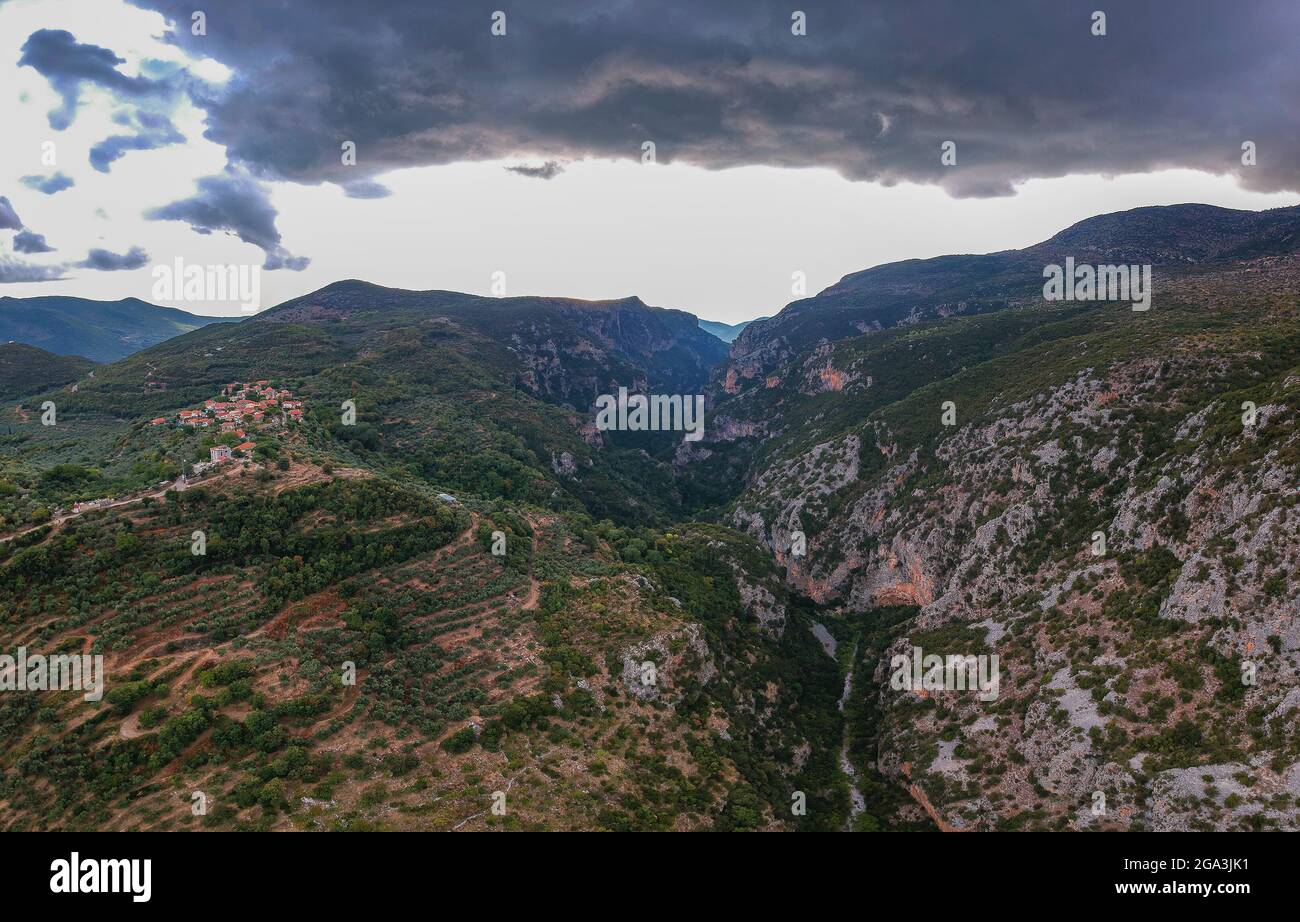 Aerial scenic view from over the famous Ridomo gorge in Taygetus ...