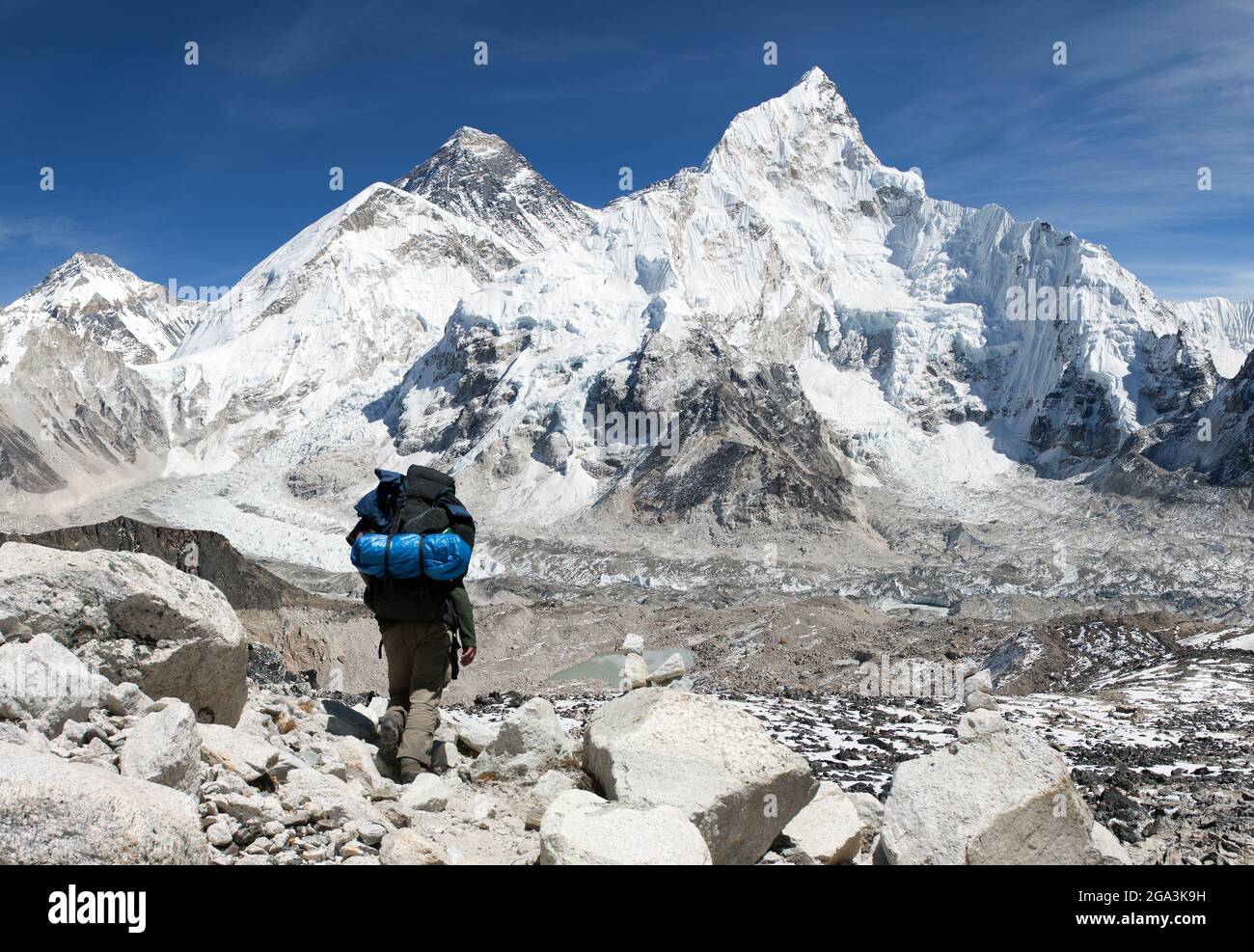 Panoramic view of Mount Everest from Kala Patthar with tourist on the ...
