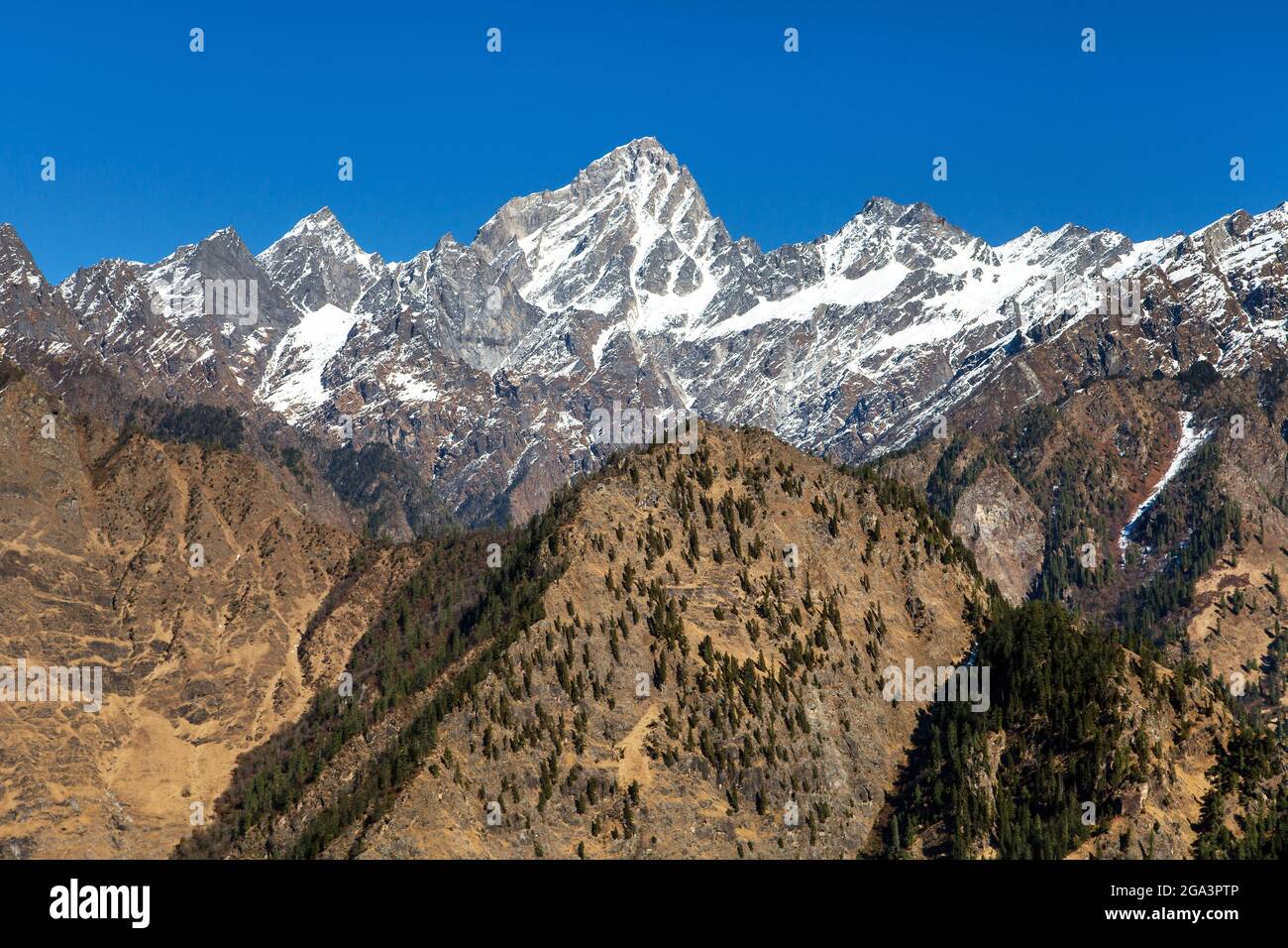 Himalaya, panoramic view of Indian Himalayas, great Himalayan range, Uttarakhand India Stock ...