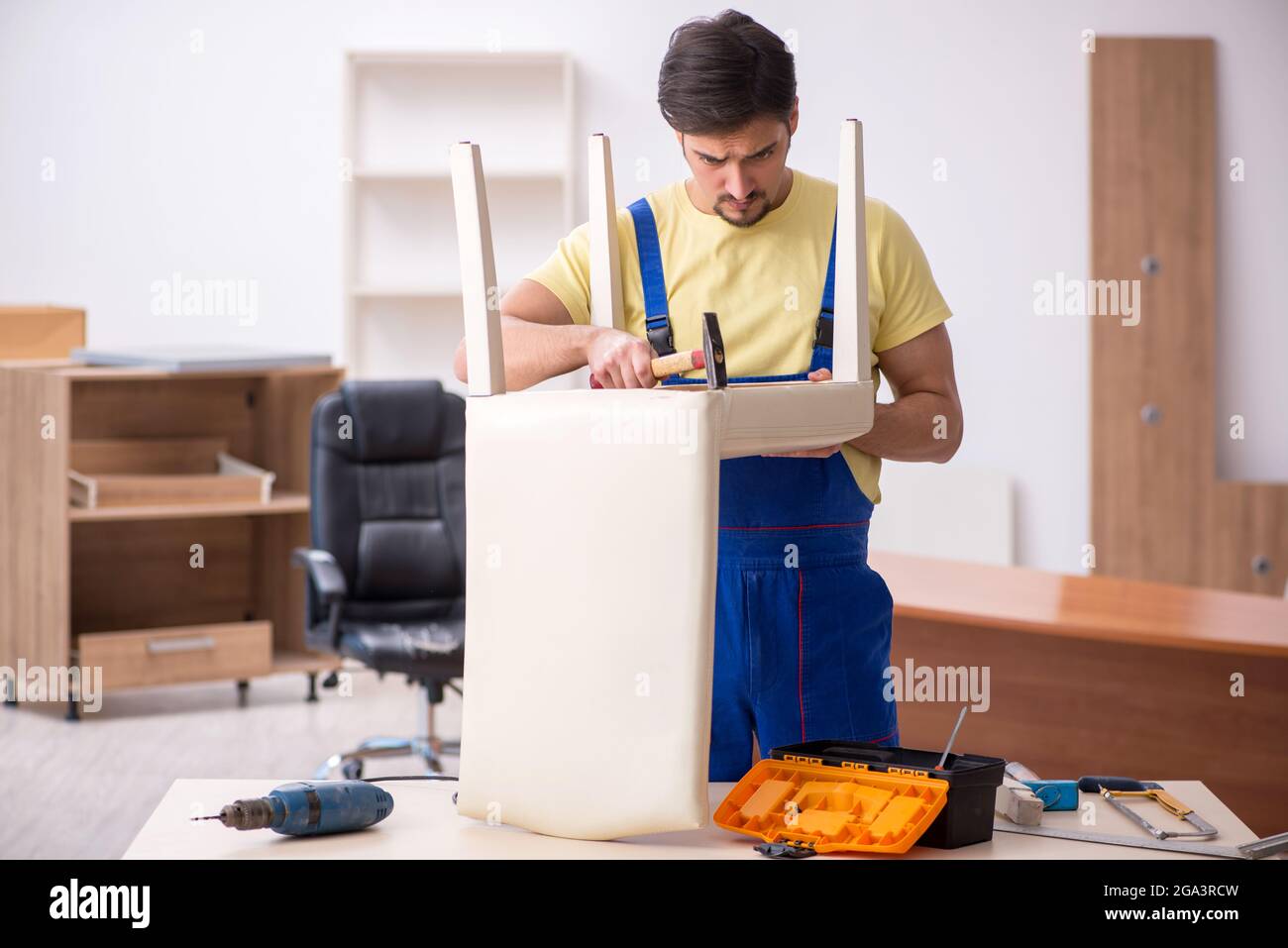 Young carpenter repairing chair in the office Stock Photo - Alamy