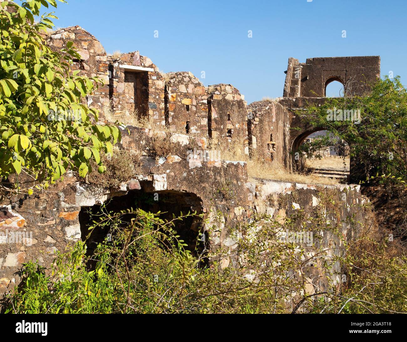 Detail of upper part of Taragarh fort in Bundi town, typical medieval ...