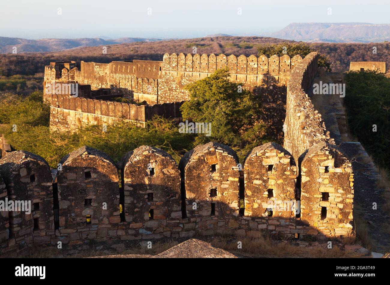 Detail of upper part of Taragarh fort in Bundi town, typical medieval ...