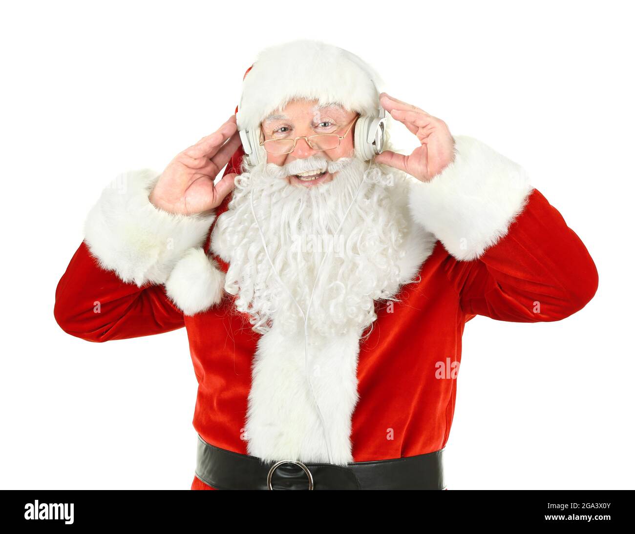Santa Claus with headphones listening to music, isolated on white ...